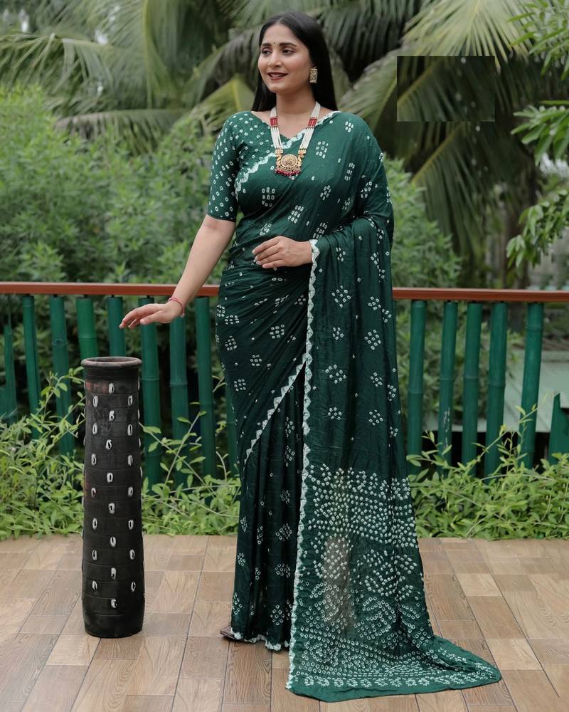 GREEN BANDHANI SILK SAREE - Pramukh Fab - 4001086