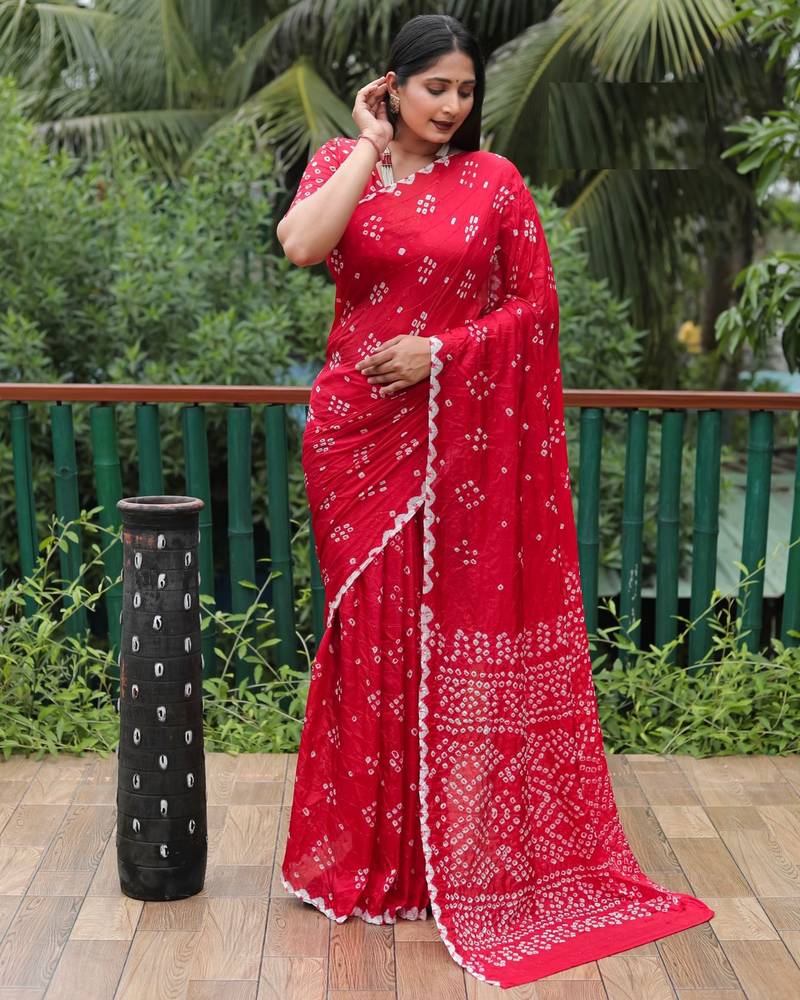 RED BANDHANI SILK SAREE - Pramukh Fab - 4001087