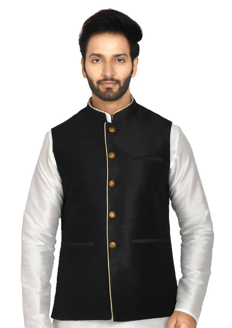 Black plain blended cotton nehru-jacket - Just Creation - 4007353