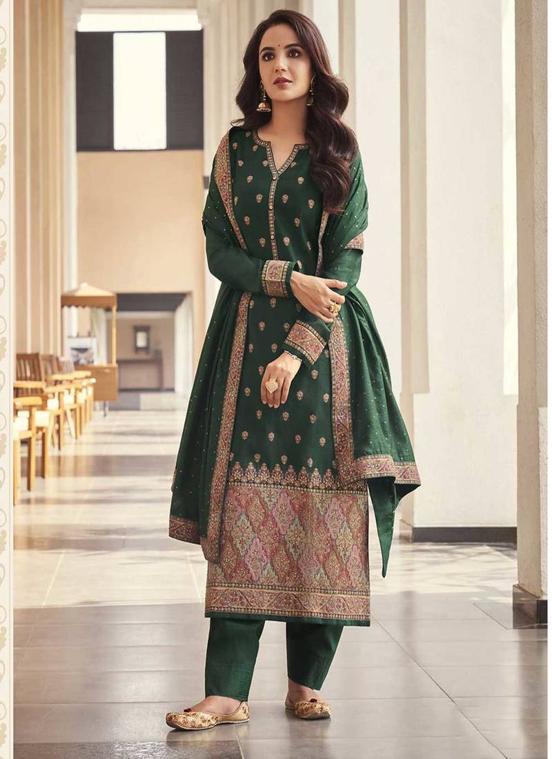 Woven Jacquard Ethnic Wedding Wear Salwaar Kameez In Green Colour ...
