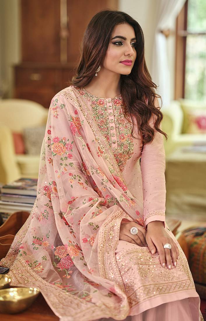 Light Pink Color Viscose Silk Handwork Straight Salwar Suit - Hirpara ...