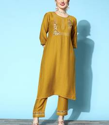Mustard Sequence Zari Embroidered Nylon Viscose Kurta Pant Set ...