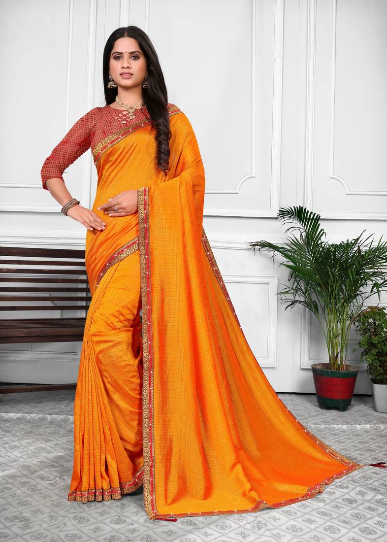 Indian Women yellow Vichitra Silk Full Saree Fancy Border with stone ...