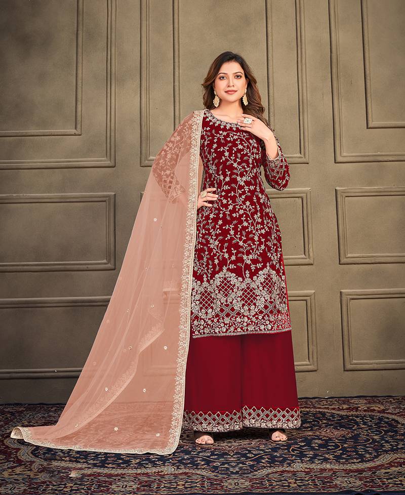 Red embroidered velvet salwar - Monjolika - 4018828