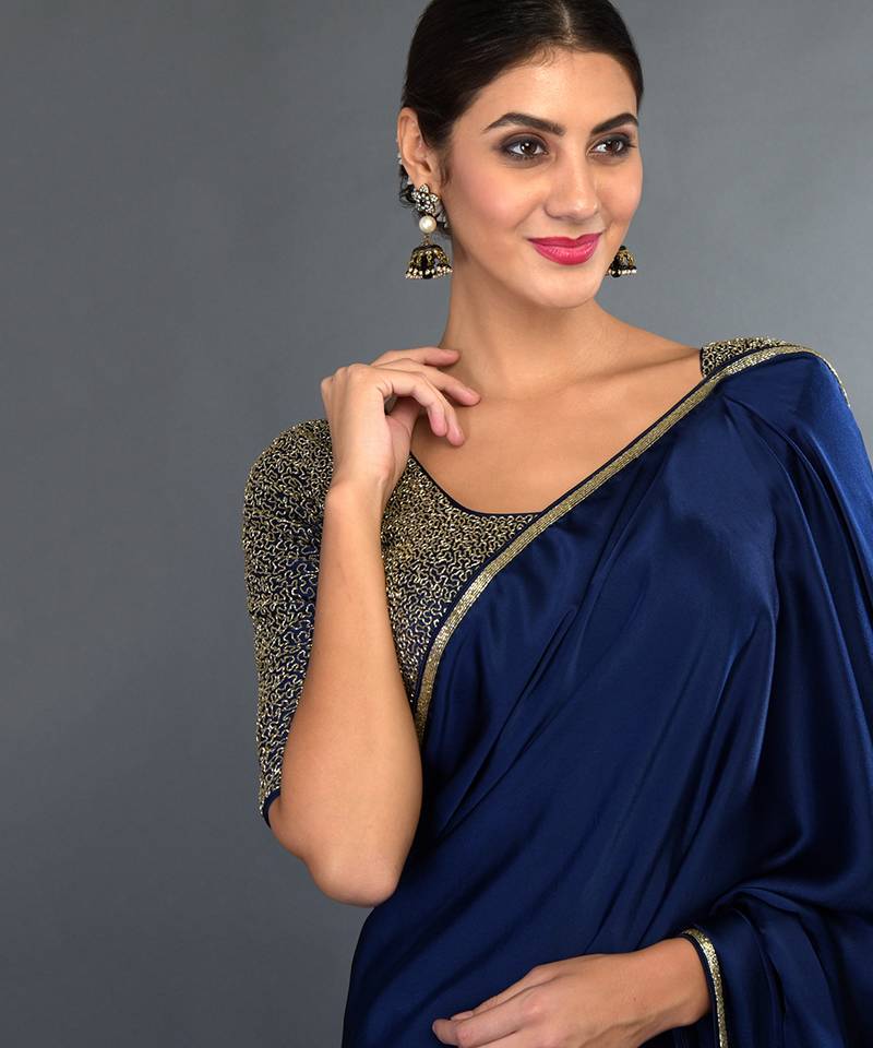 Midnight Blue Zardozi Hand Embroidered Saree And Blouse - TALKING ...
