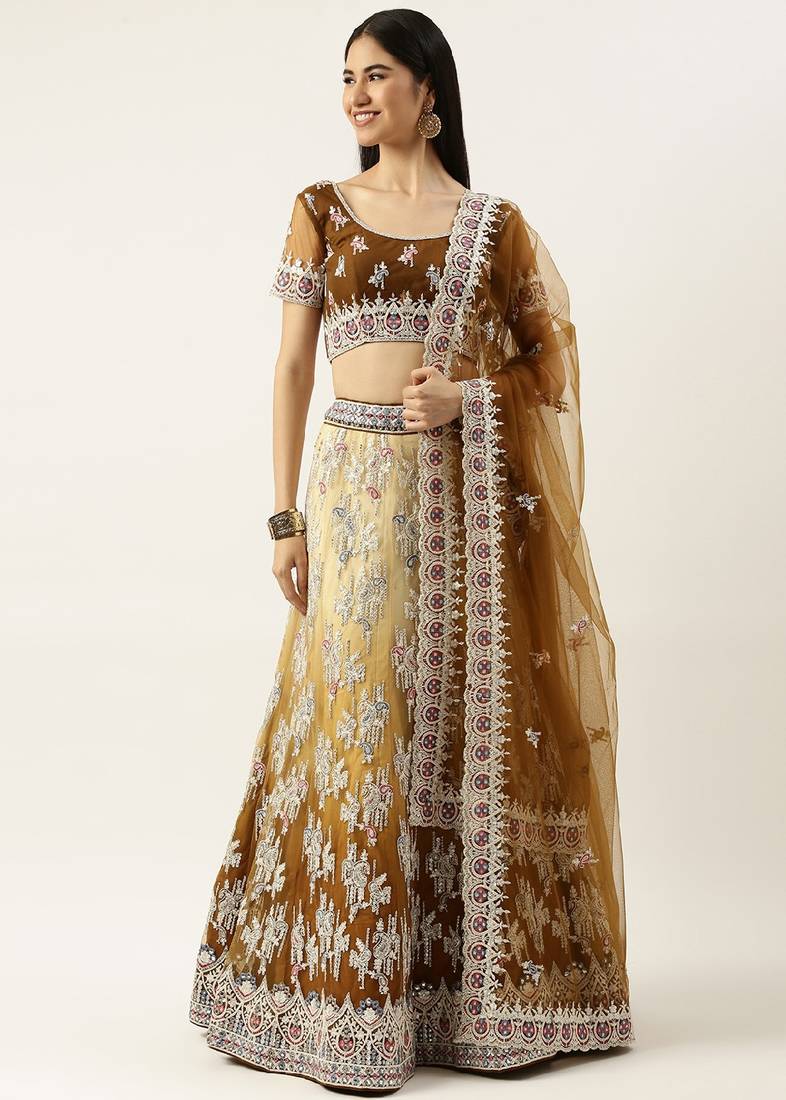 Panchhi Women Mustard Net Multi colour Thread Embroidered Semi-Stitched ...