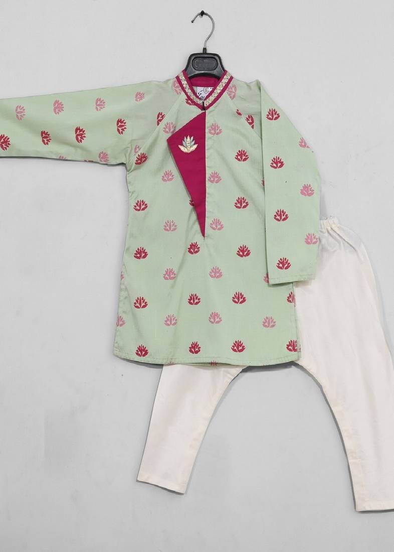 Powder Green Lotus Flap Kurta Set - LITTLE BRATS - 4020418