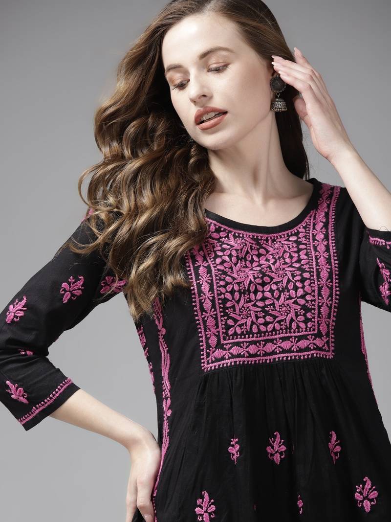 Ada Hand Embroidered Black & Purple Cotton Lucknowi Chikan Women Kurti ...