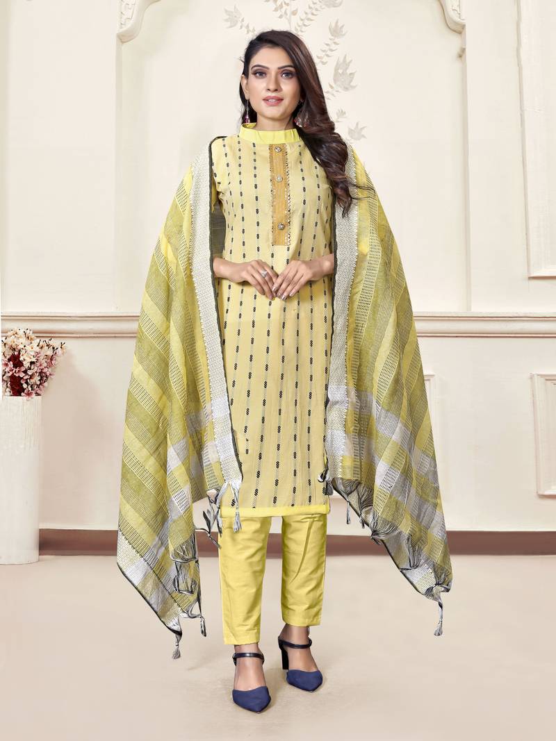 Ethnic Yellow Colour Handloom Cotton Fabric Salwaar Kameez With Wevon ...