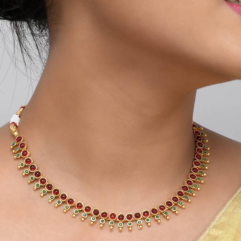 Gold Plated Red stone Necklace Set - AQUASTREET - 4024998