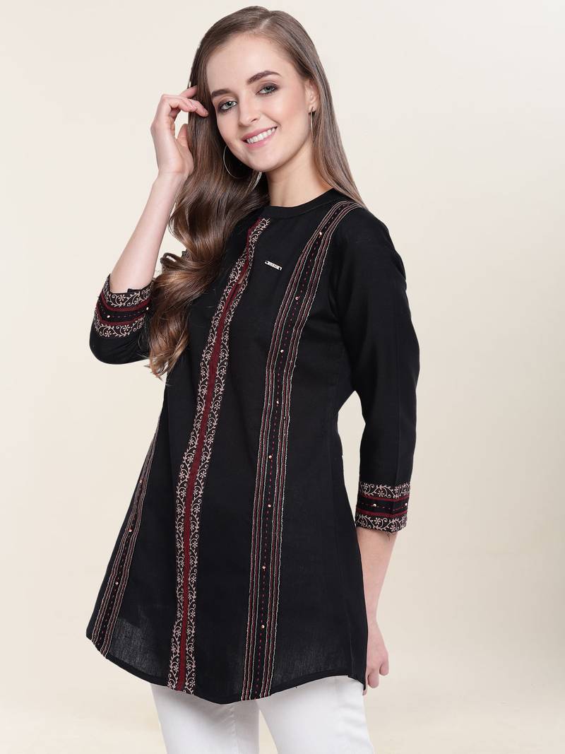 Black embroidered cotton short-kurtis - kvsfab - 4025233