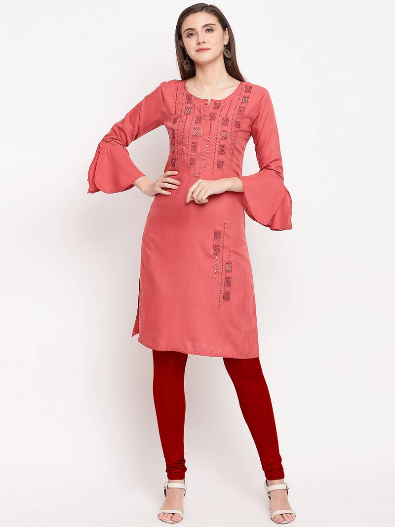 Red embroidered silk short-kurtis - kvsfab - 4025252
