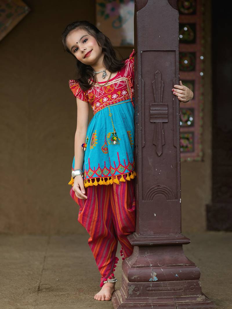 Gamthi Navratri Sky Blue Kids Kedia Dhoti Set for Girls/kids - Halemons ...