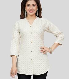 Cream printed cotton poly short-kurtis - Saree Swarg - 4026528