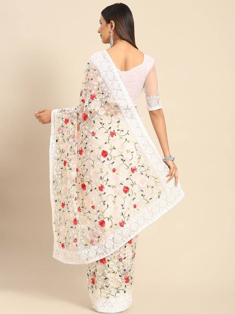 Designer Thread Embroidery Work Net Fabric Saree In White Colour - KSM ...