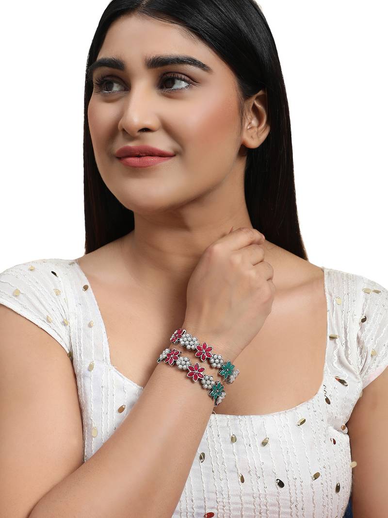 Styylo Fashion Set Of 2 Oxidised Floral Shaped Silver-Plated Pink and ...