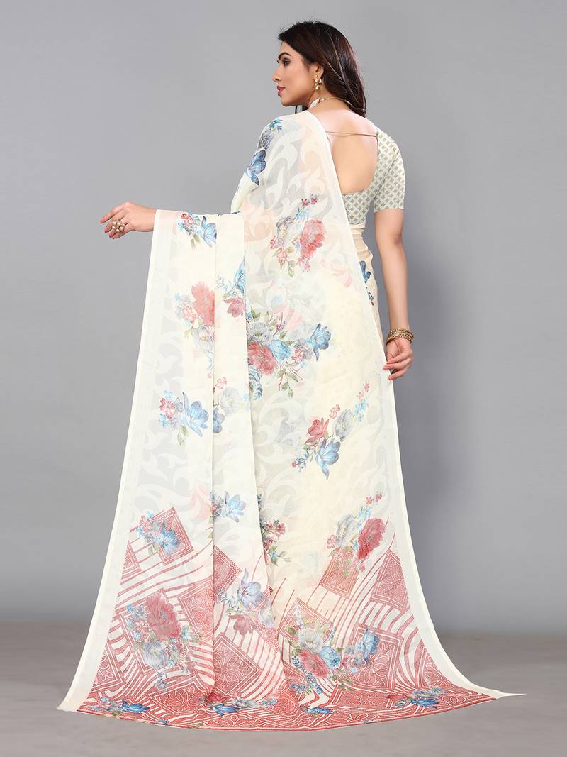 Pisara Cream Chiffon Brasso Floral Printed Saree - Pisara - 4032982
