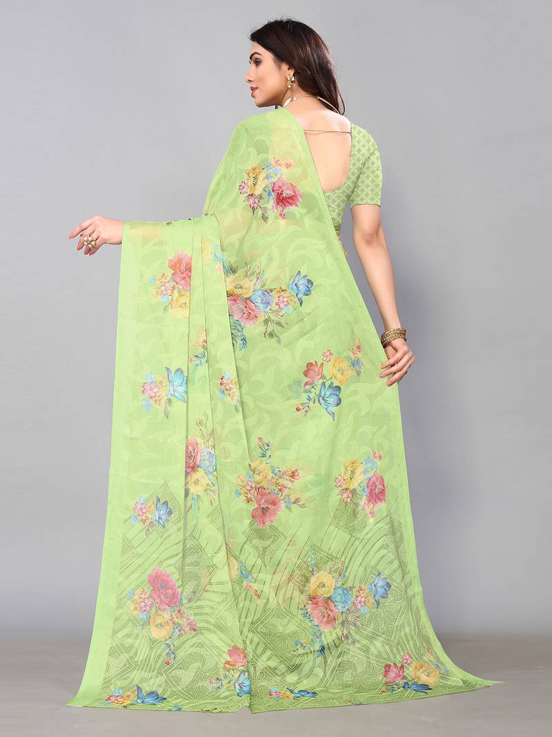 Pisara Olive Chiffon Brasso Floral Printed Saree - Pisara - 4033000
