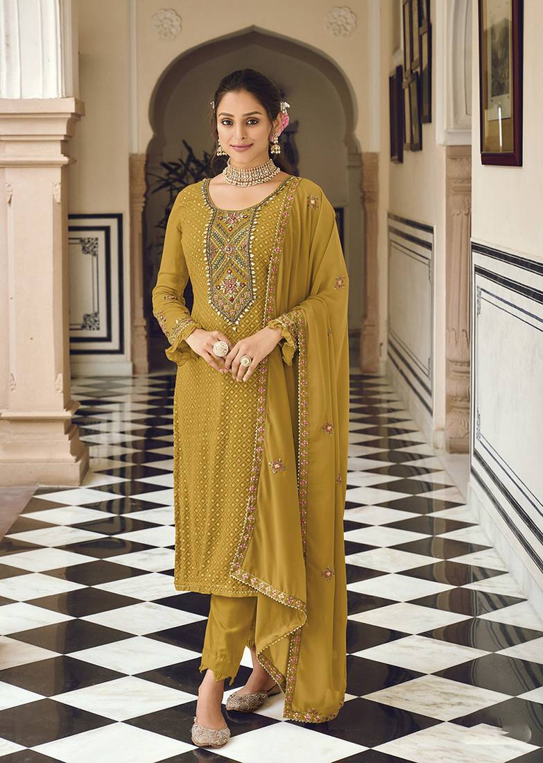 Mustard color Georgette Embroidered Stright Suit - Hirpara House - 4033136