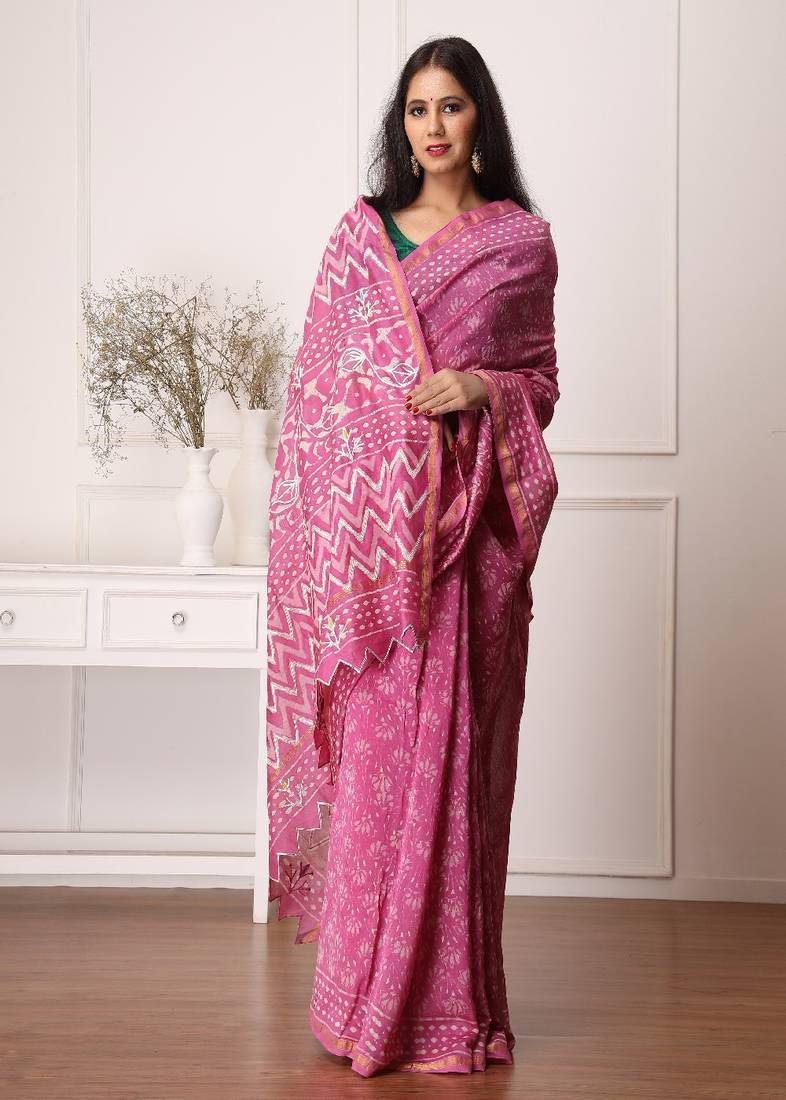 Eshani Chanderi Dabu Print Saree with Blouse - Baisacrafts - 4033191