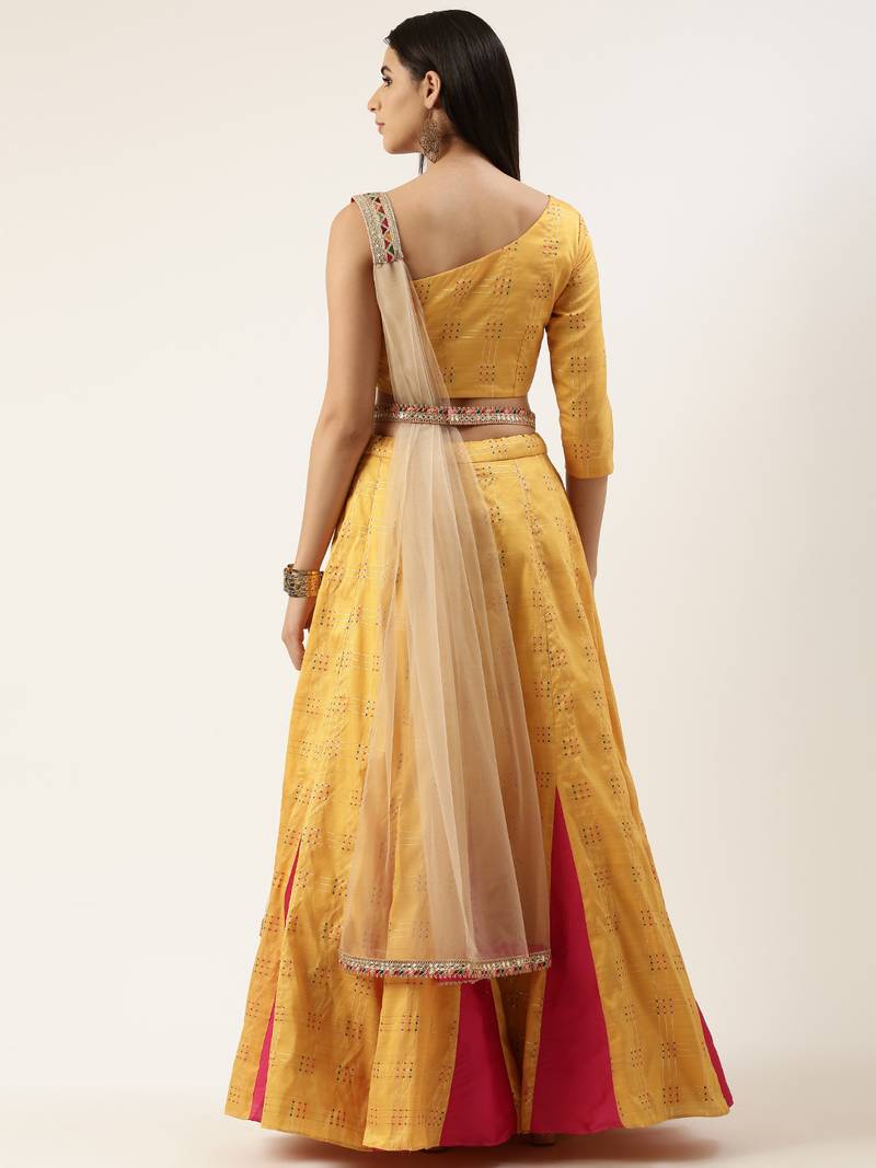 EthnoVog Ready To Wear Mustard Jacquard One Shoulder Style Lehenga Set ...