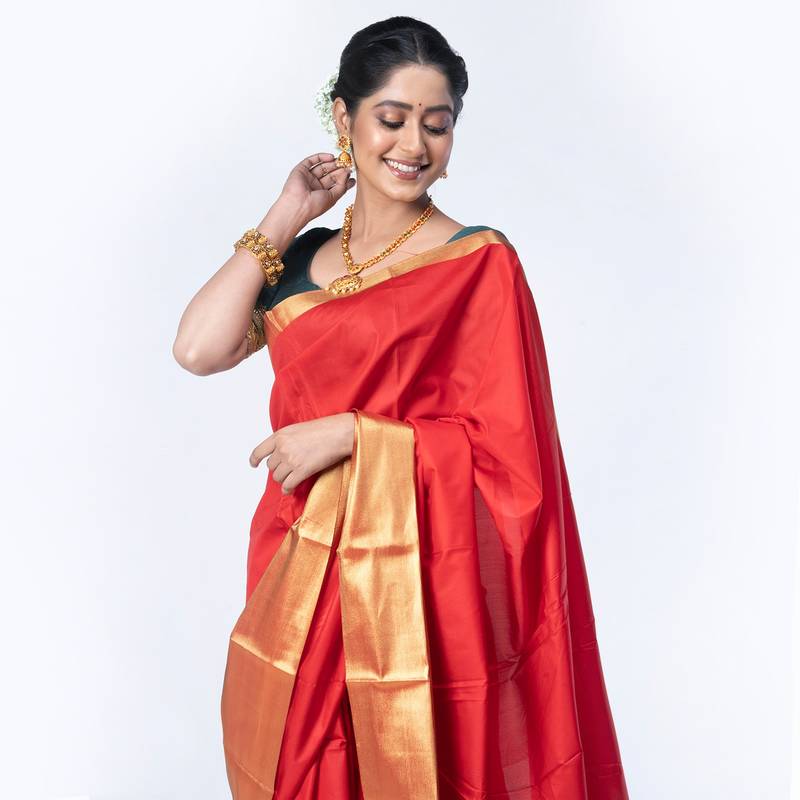 Kanjivaram saree in rust orange color with golden mahapaar border ...
