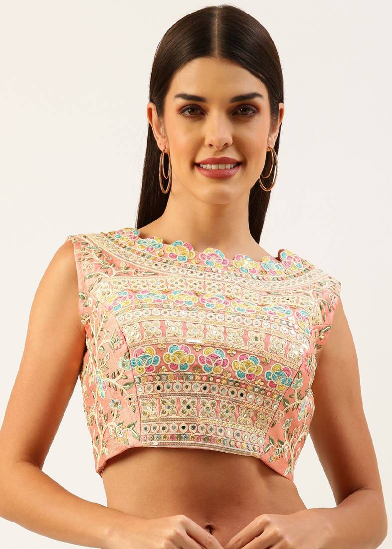 Blouse:- Coral-Toned with Colour Ready to Wear Pure Silk Stitched ...