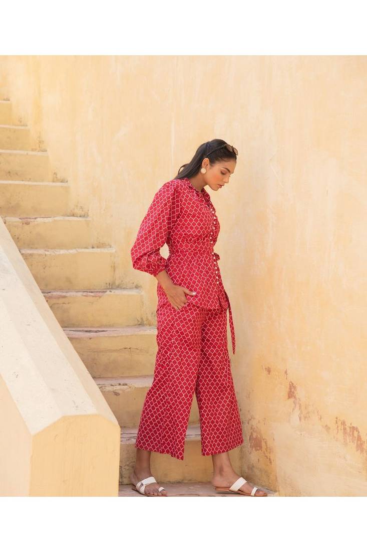 Geometric Lava Red Pant Suit Set - KAORI BY SHREYA AGARWAL - 4039823