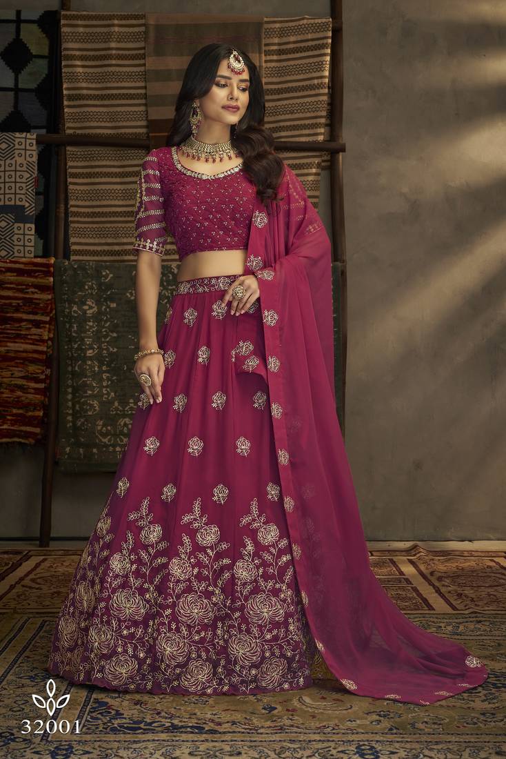 Enchanting Pink dori and thread embroidered georgette semi stitched ...