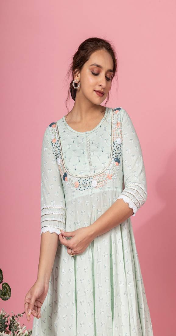 BAVARIA - PASTEL GREEN SEQUINED COTTON ANARKALI SET - BAVARIA - 4047905