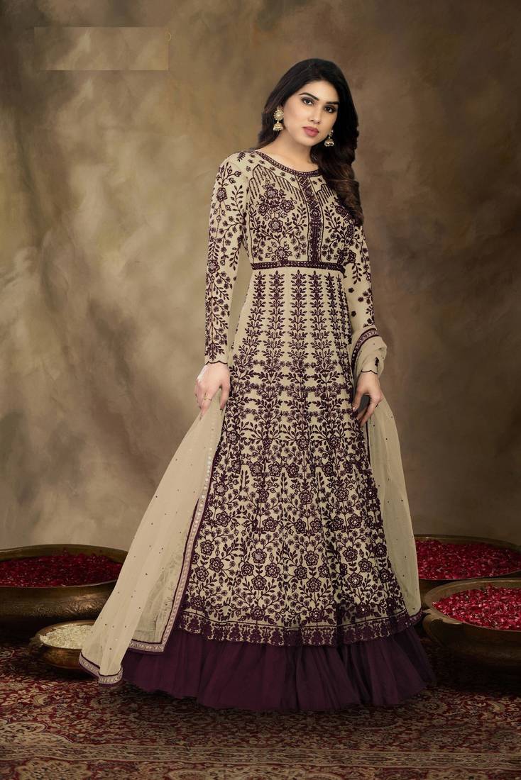 Cream Heavy Designer Embroidery Work Net unstitched Long Length Kameez ...