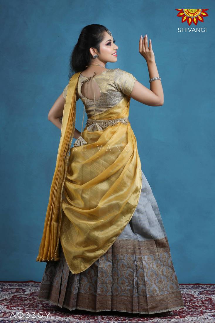 Shivangi Teenage Girls Grey Jal Border Half Saree | Langa Davani ...