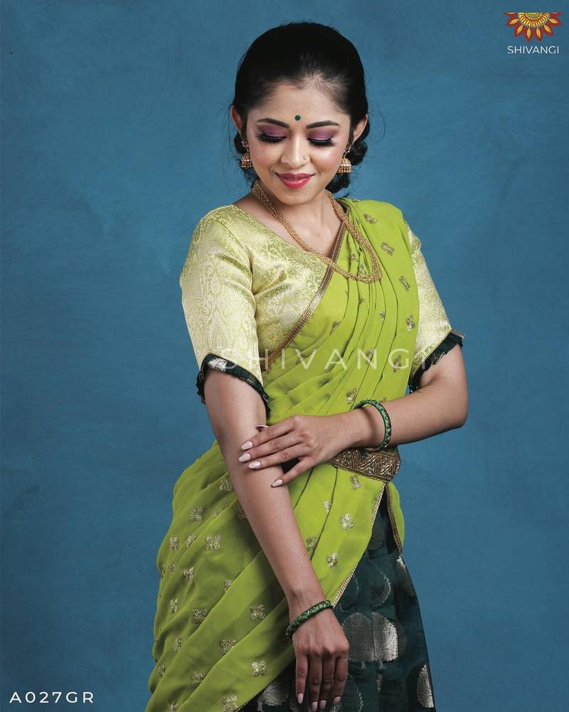 Shivangi Teenage Girls Green Tree Motif Half Saree | Langa Davani ...