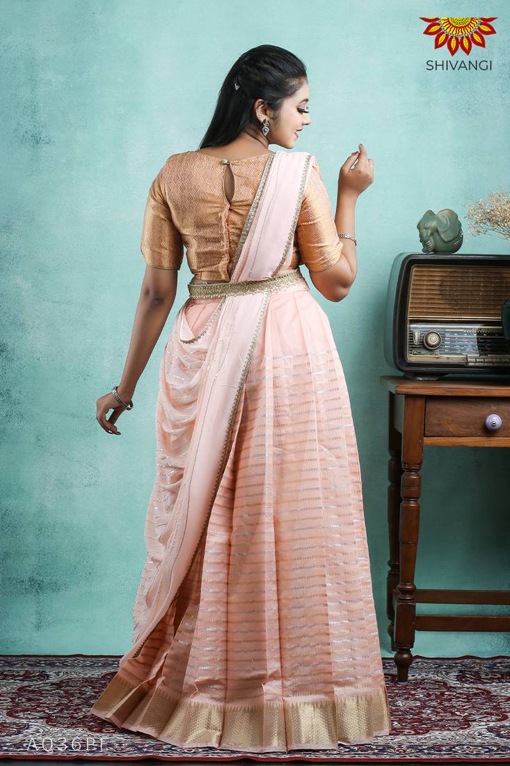 Shivangi Teenage Girls Peach Pastel Arrow Pattu Half Saree | Langa ...