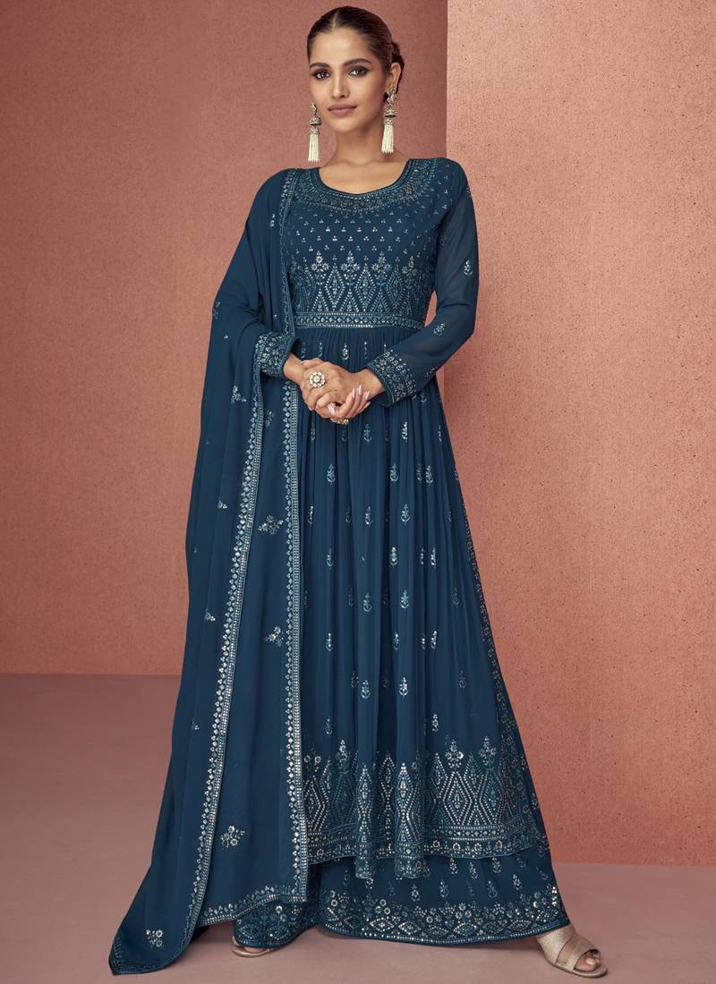 Royal Blue Sequence Embroidery Traditional Palazzo Suit - Vasu Sarees ...