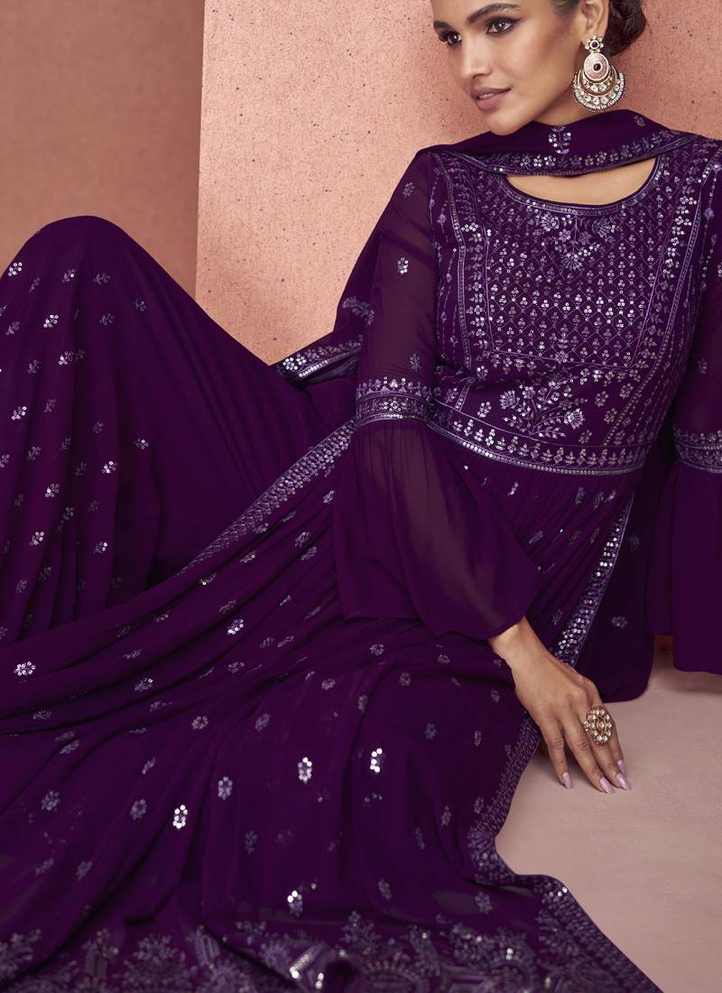 Purple Sequence Embroidery Traditional Palazzo Suit - Vasu Sarees - 4052103