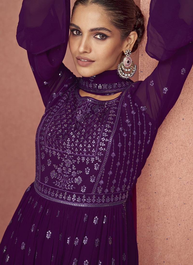 Purple Sequence Embroidery Traditional Palazzo Suit - Vasu Sarees - 4052103