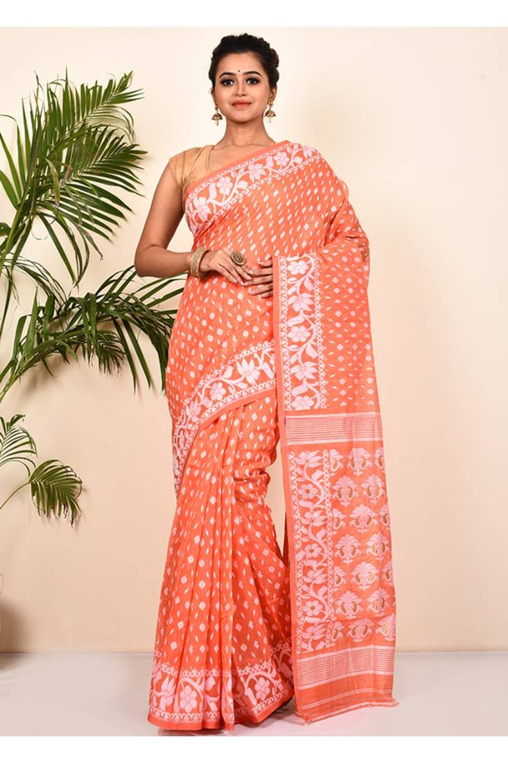 Saffron Tant Cotton Woven Saree Without Blouse Piece - All Silks - 4053250