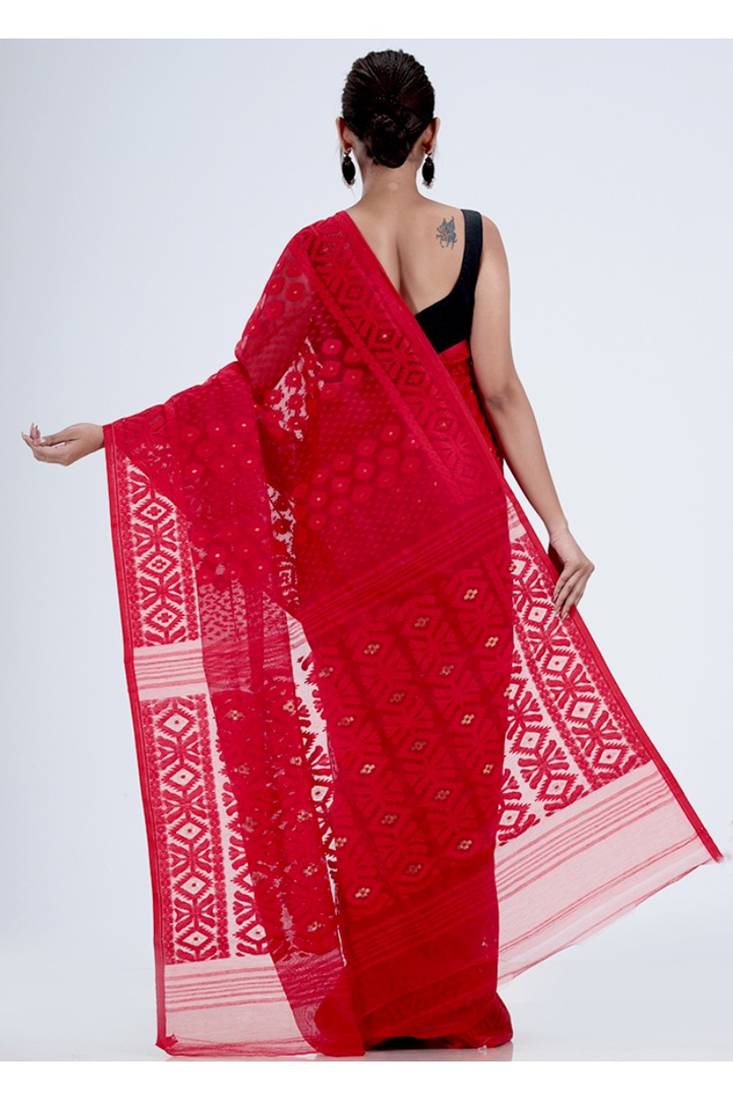 Red Jamdani Saree Without Blouse Piece - All Silks - 4053307