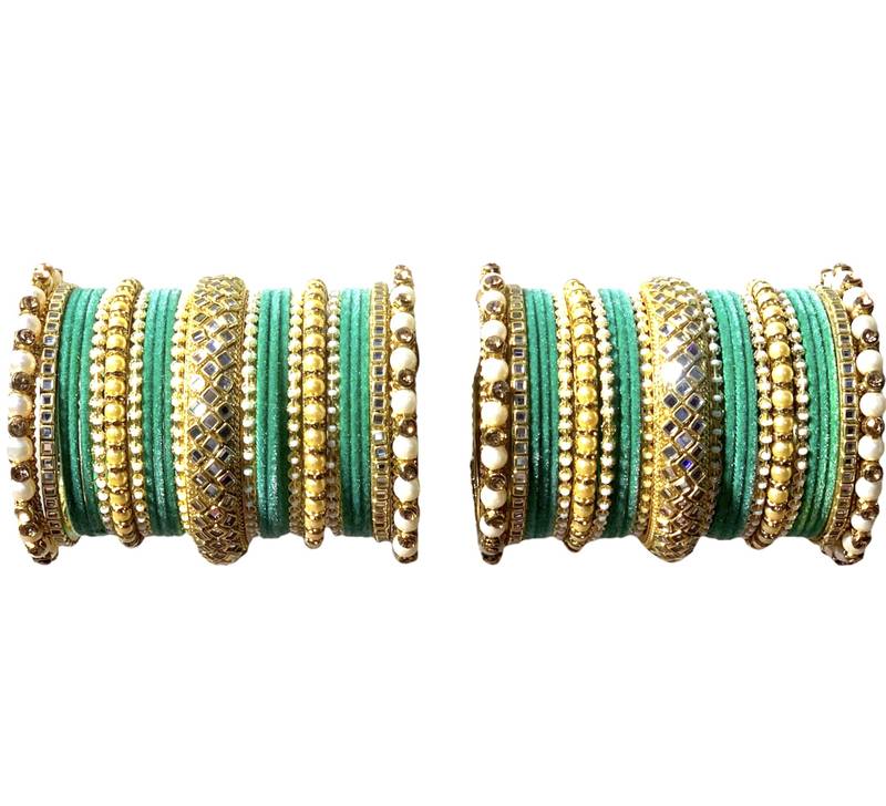 Classy Gold Tone Stone and Pearl Velvet Touch Green Bangle Set ...