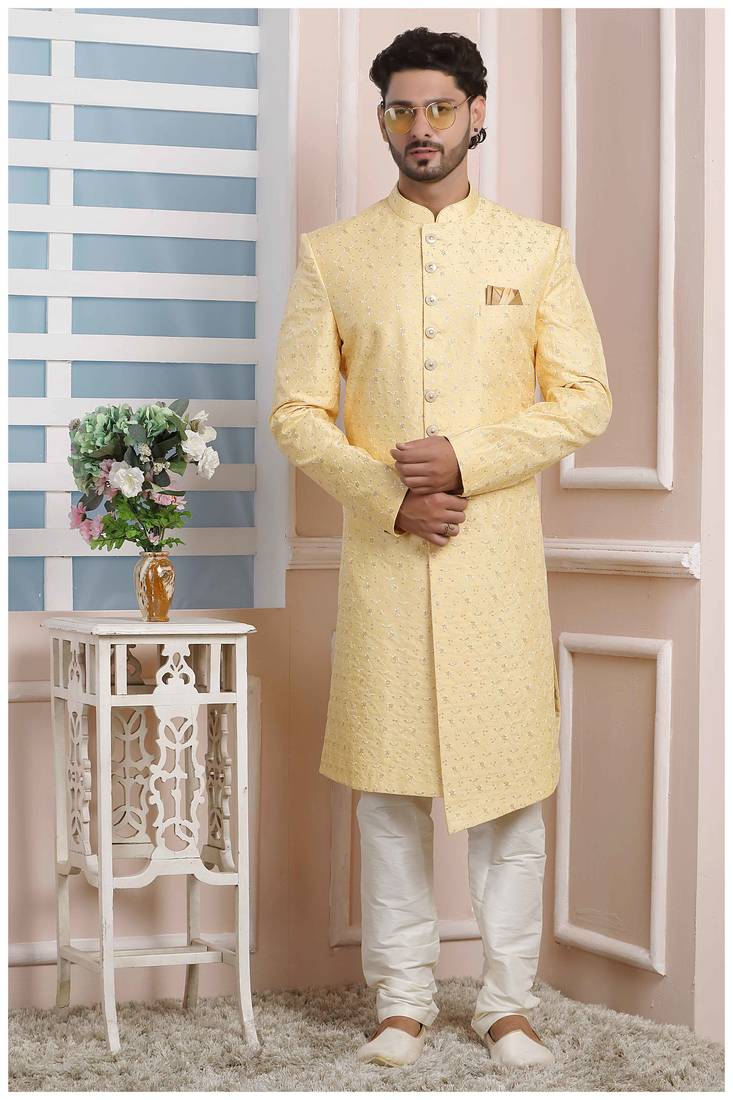 Yellow embroidered art silk sherwani - SULAKSHA COUTUREZ - 4056499