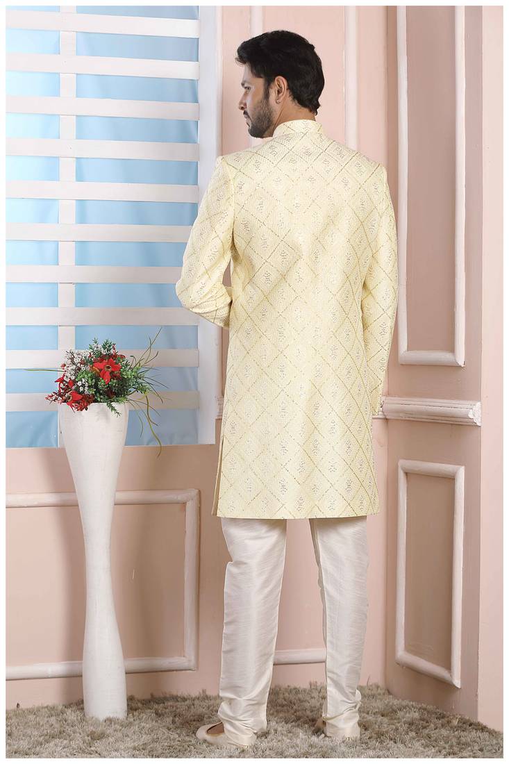 Yellow embroidered art silk sherwani - SULAKSHA COUTUREZ - 4056508
