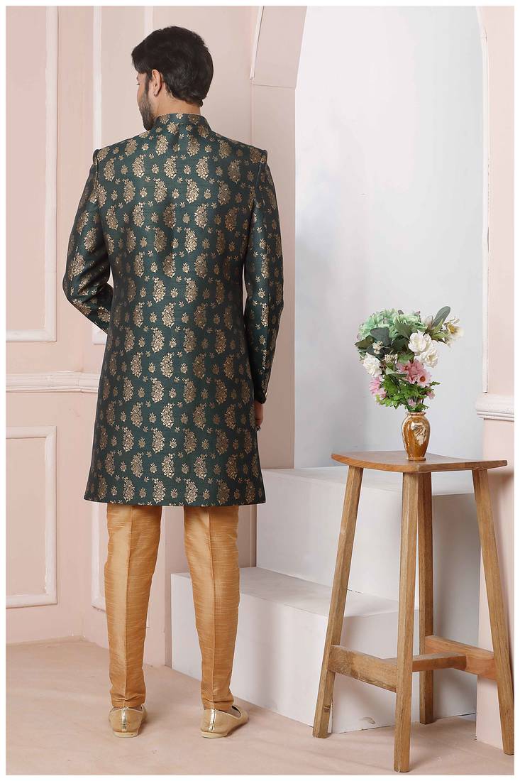 Green printed jacquard sherwani - SULAKSHA COUTUREZ - 4056637