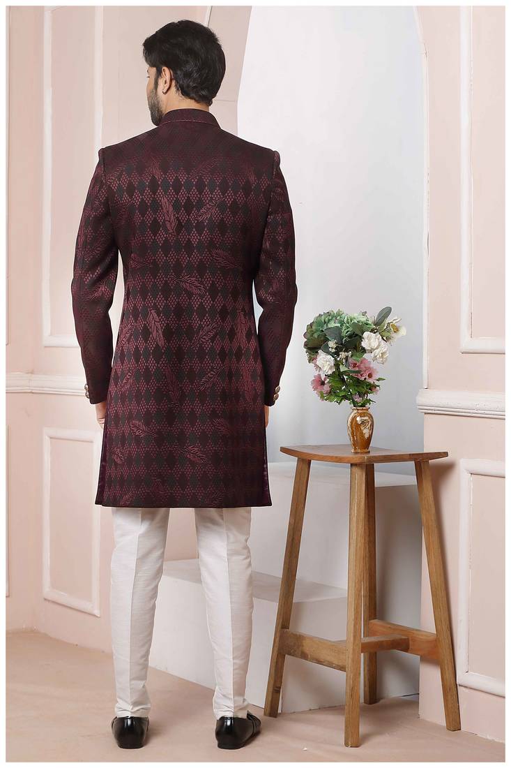 Maroon plain jacquard sherwani - SULAKSHA COUTUREZ - 4057030