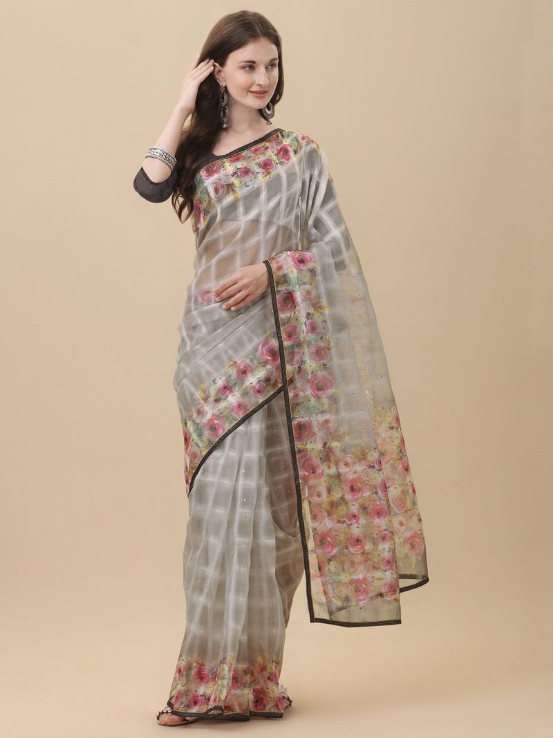 Girlish Party Wear Saree In Smart Grey Colour On Organza Fabric - KSM ...