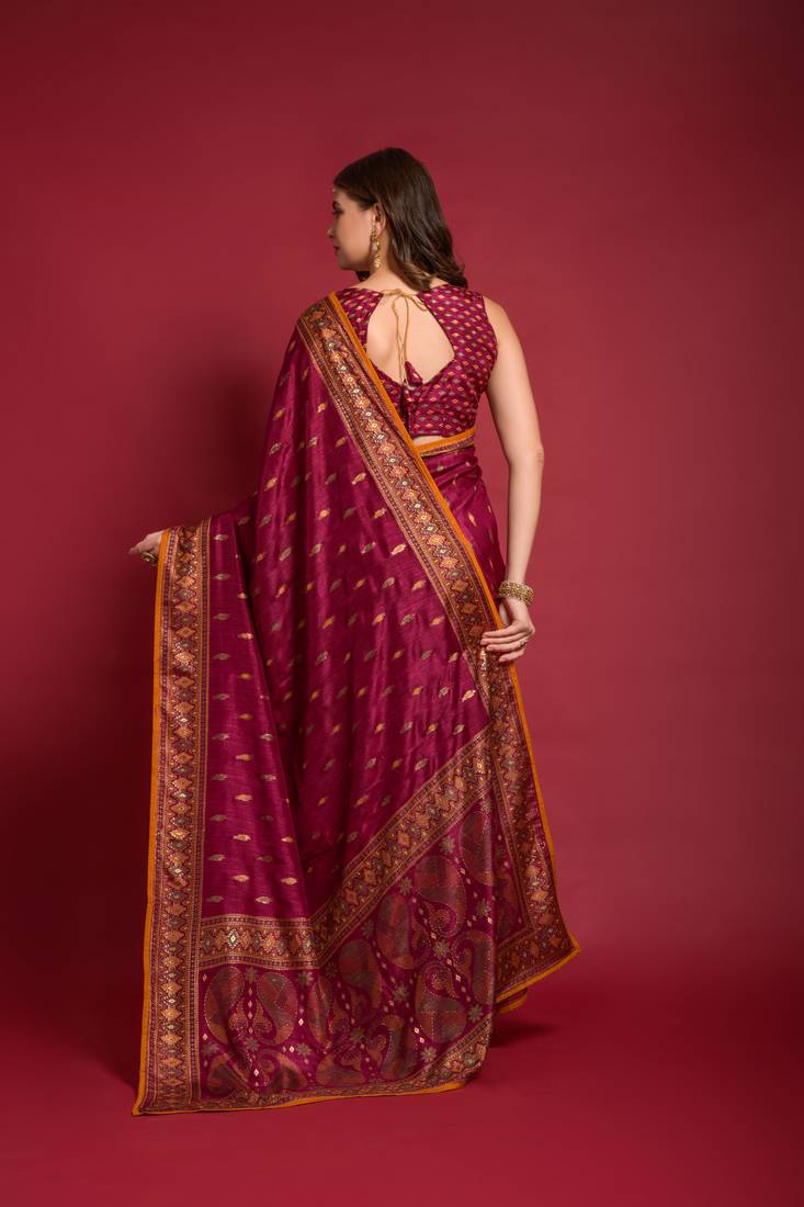 Designer Emboss Foil Printed With Piping Border Maroon Colour Saree In Smooth Silk Fabric - KSM ...