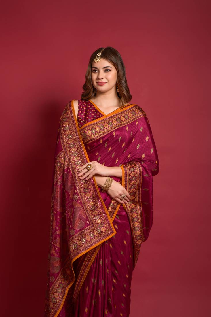 Designer Emboss Foil Printed With Piping Border Maroon Colour Saree In Smooth Silk Fabric - KSM ...