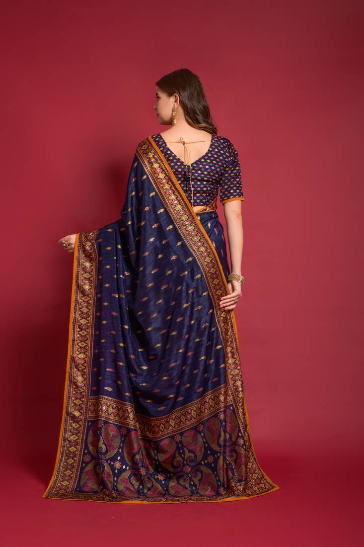 Designer Emboss Foil Printed With Piping Border Blue Colour Saree In ...
