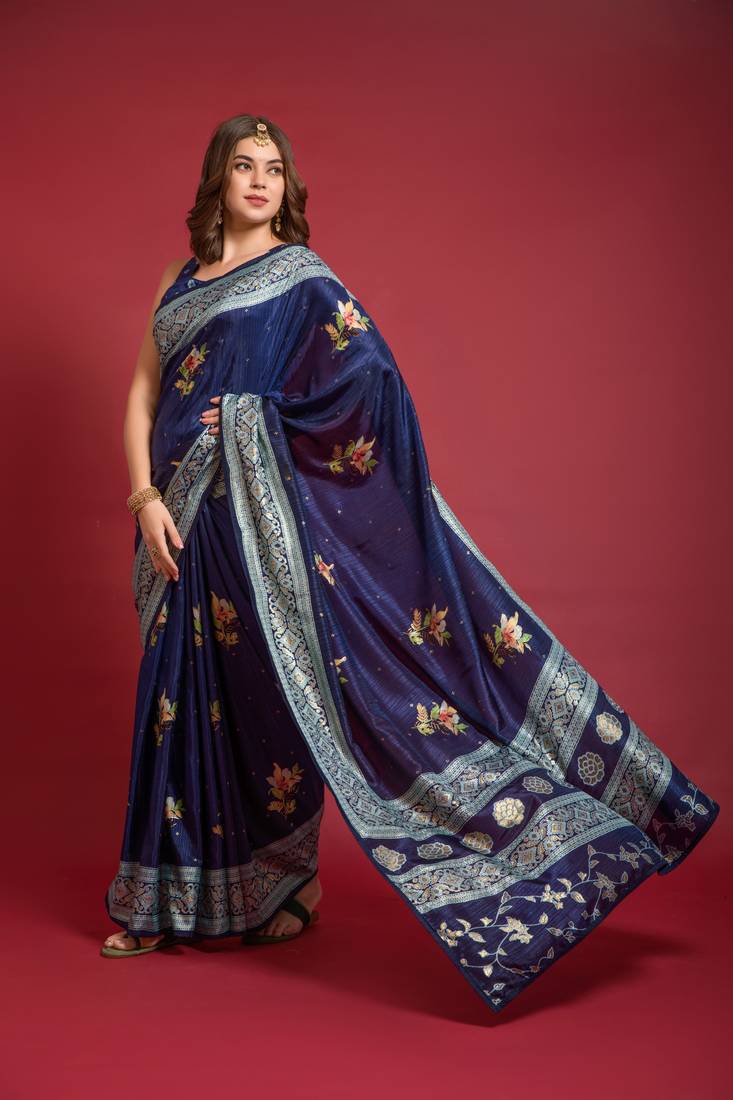 Designer Emboss Foil Printed With Piping Border Blue Colour Saree In ...