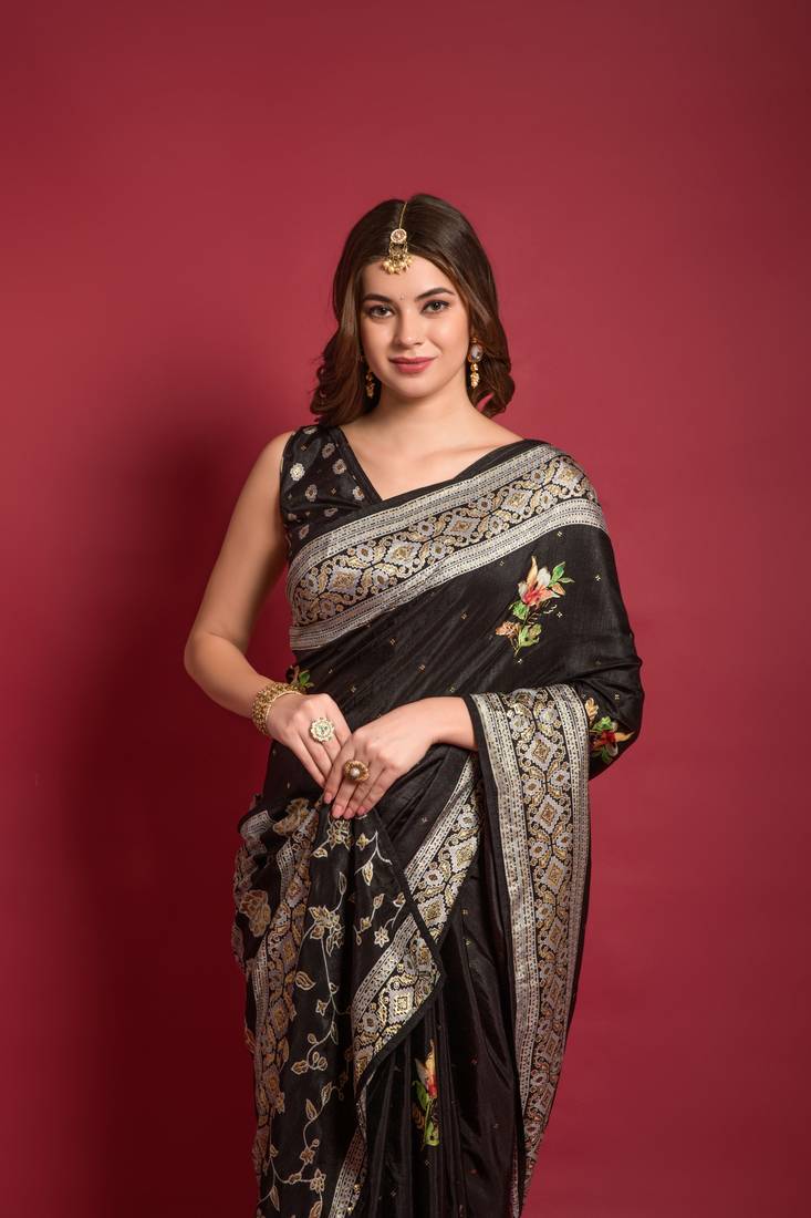 Designer Emboss Foil Printed With Piping Border Black Colour Saree In ...